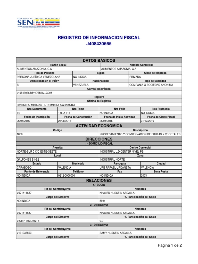 Rif Alimentos Amazonia CA Consulta | PDF
