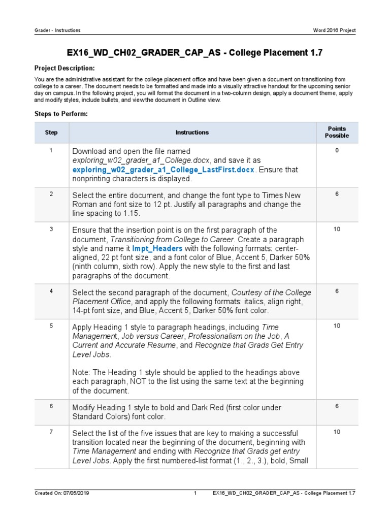 EX16 - WD - CH02 - GRADER - CAP - AS - College Placement 1.7 - Instructions | PDF | Paragraph ...