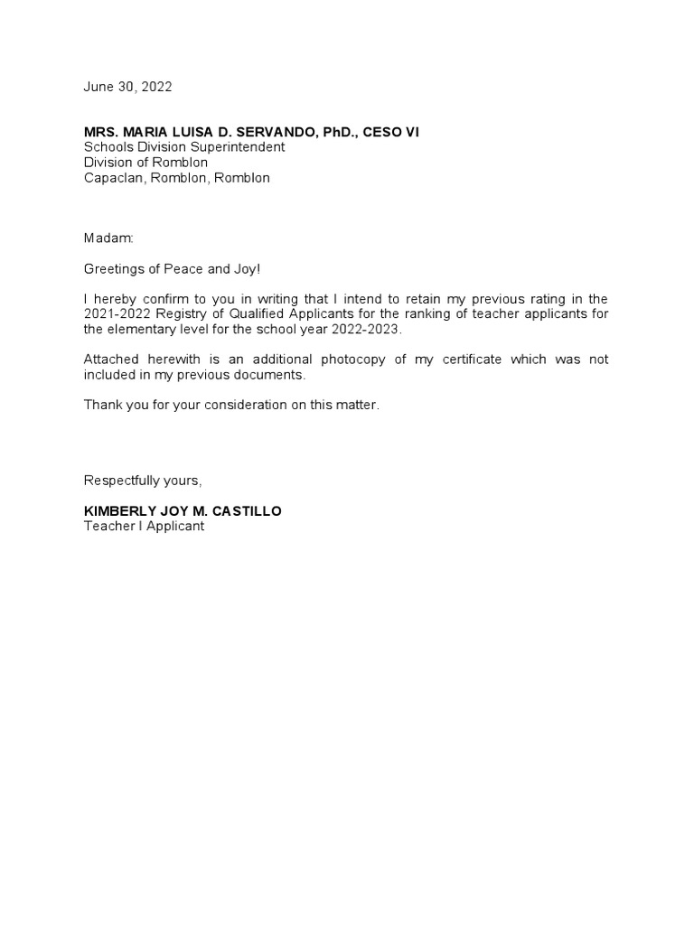 Letter of Intent in Retaining Points For RQA 2022-2023 | PDF