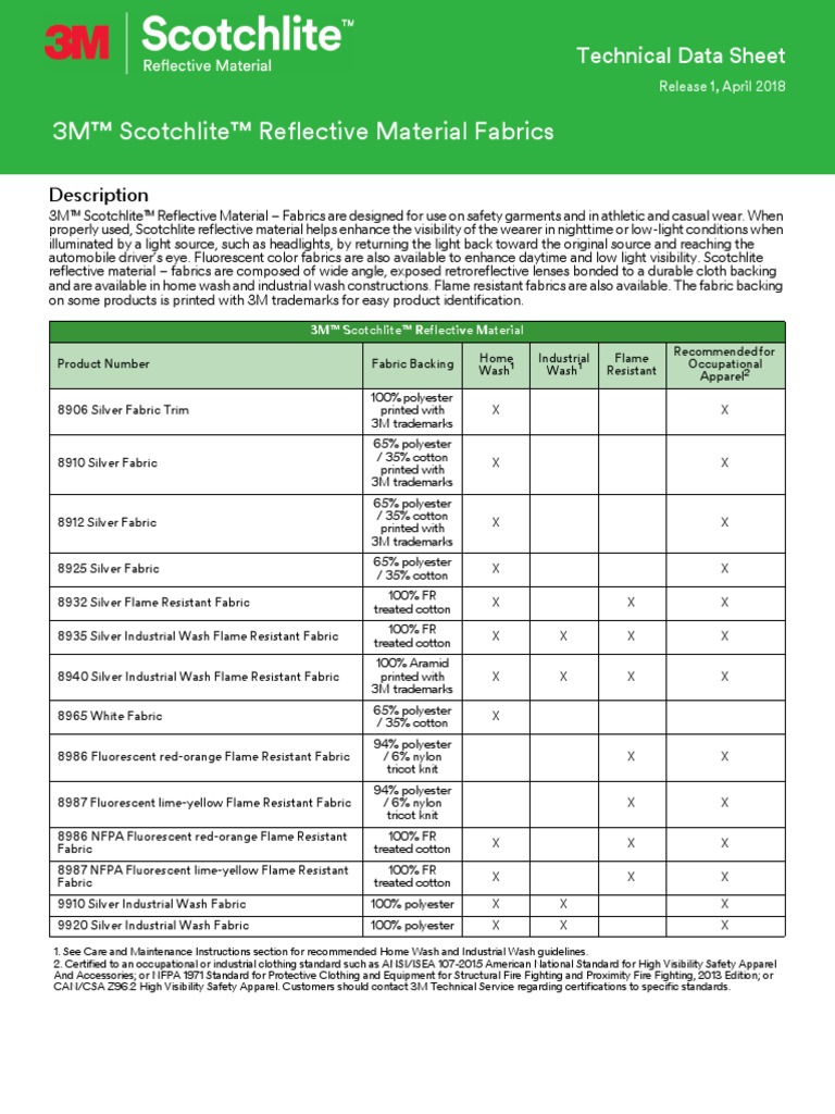 3M Scotchlite Reflective Material Fabrics - TDS April, 2018. | PDF ...