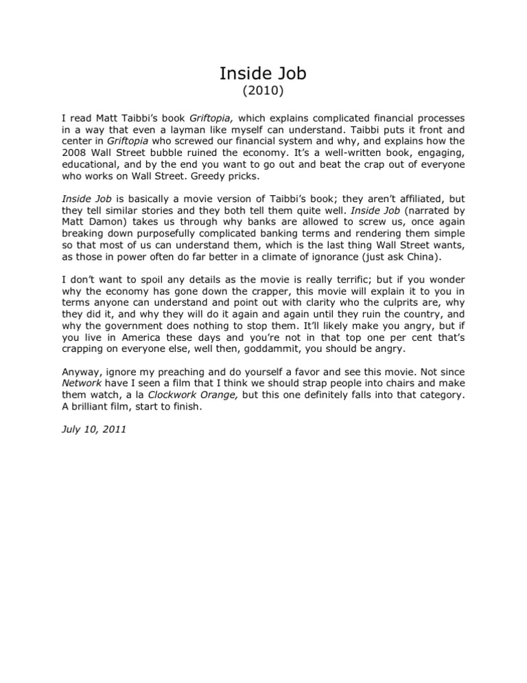 Inside Job Movie Review | PDF