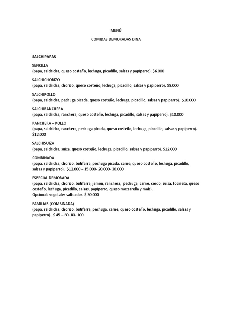 Menú de comidas y bebidas de Dina's, un restaurante colombiano con una ...