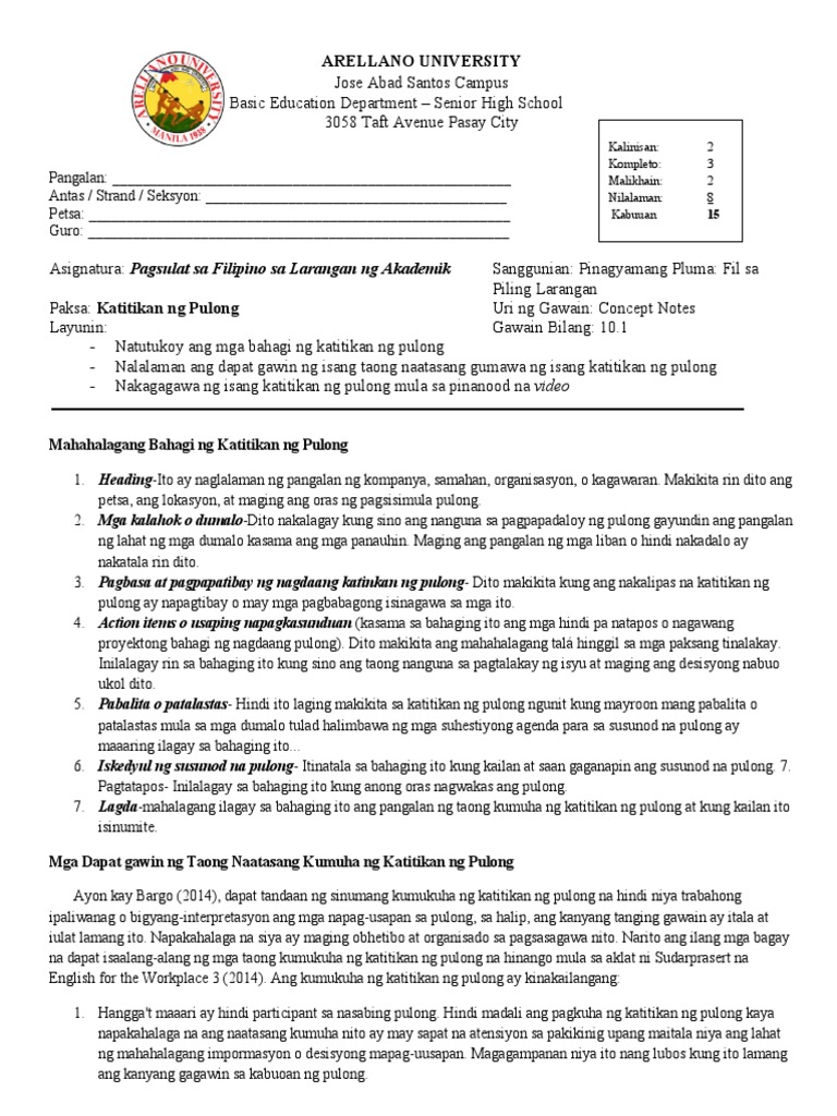 DLP 10.1 Mahahalagang Bahagi NG Katitikan NG Pulong | PDF