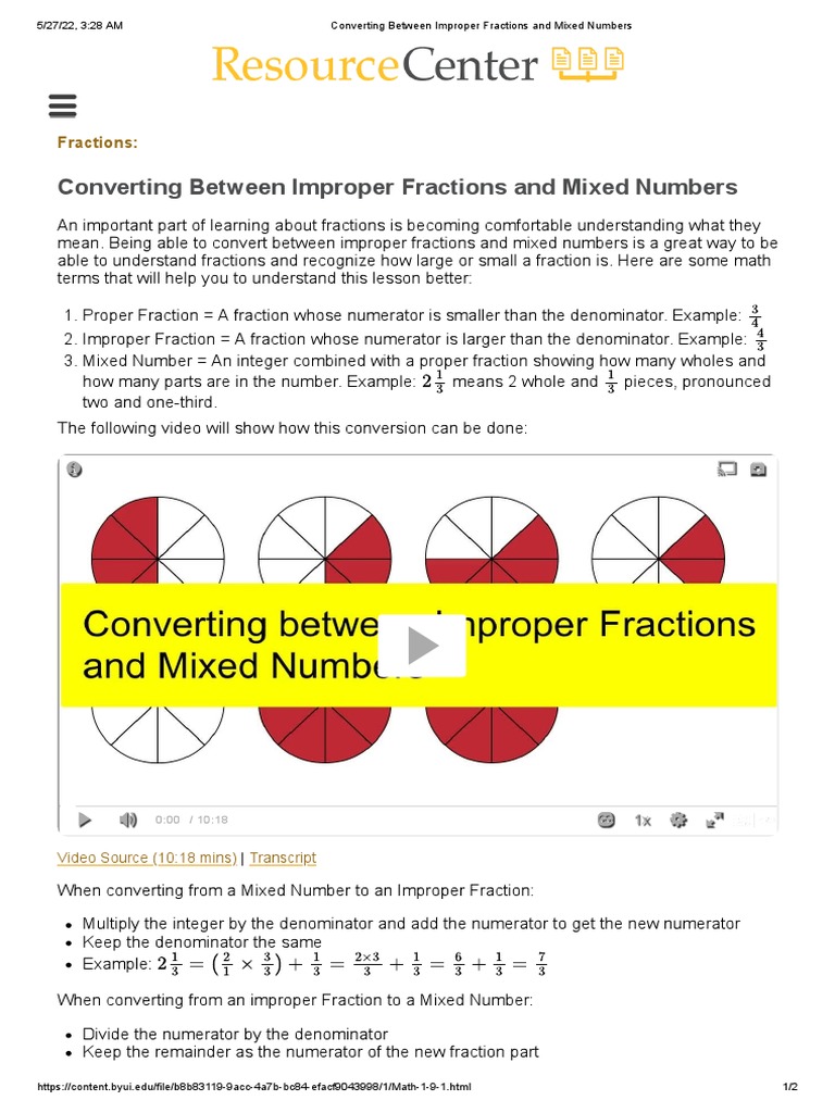 Converting Between Improper Fractions and Mixed Numbers | PDF | Numbers ...