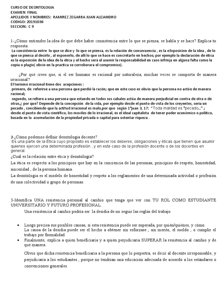 DEONTOLOGIA, Examen Final | PDF | Etica Aplicada | Instituciones sociales