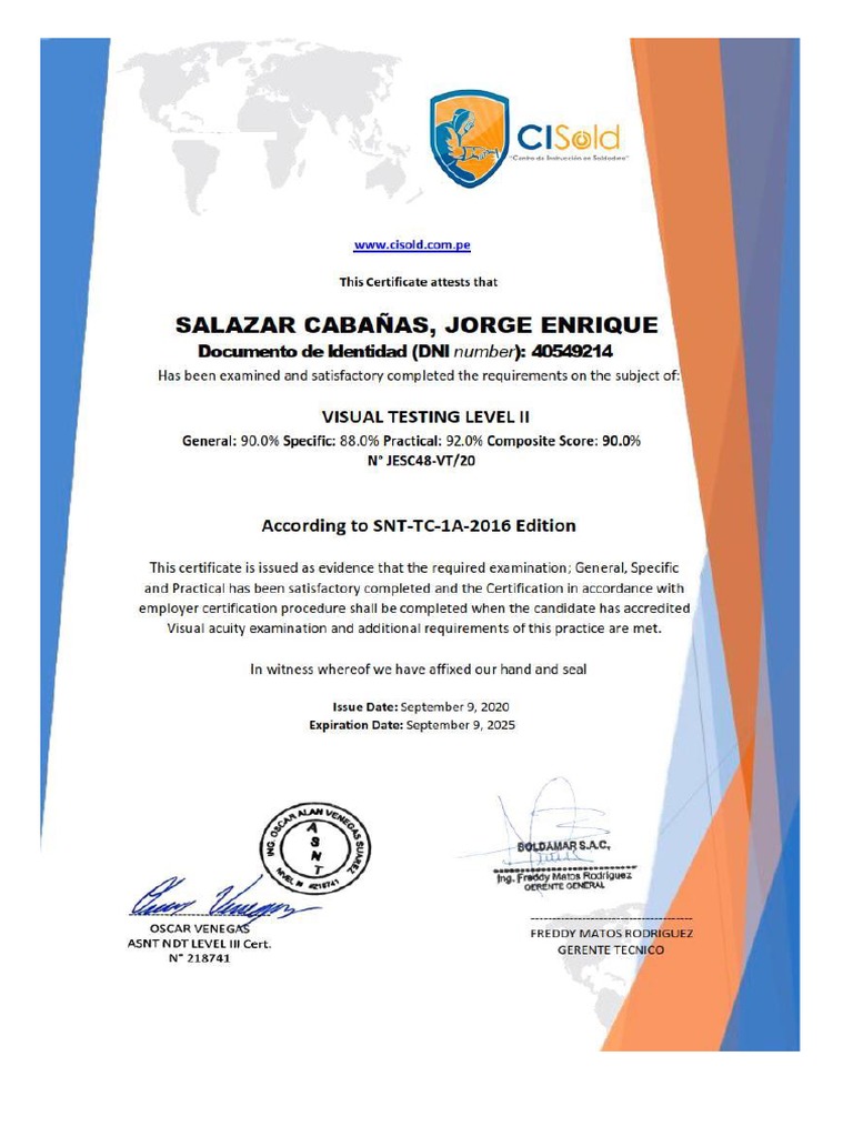 INSPECCION VISUAL Certificado | PDF