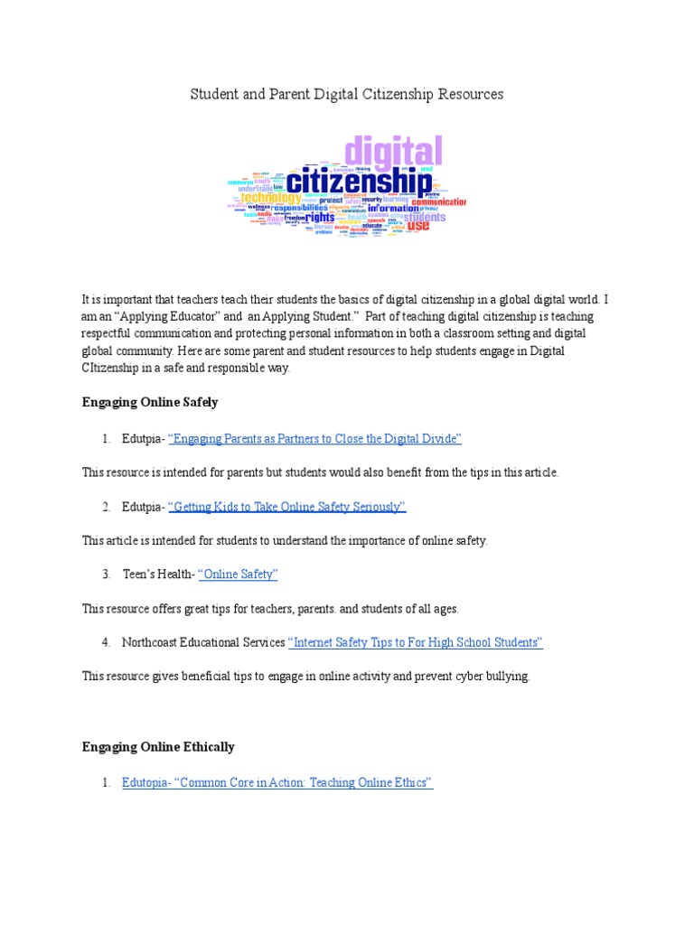 Student and Parent Digital Citizenship Resources - Nicholas | PDF