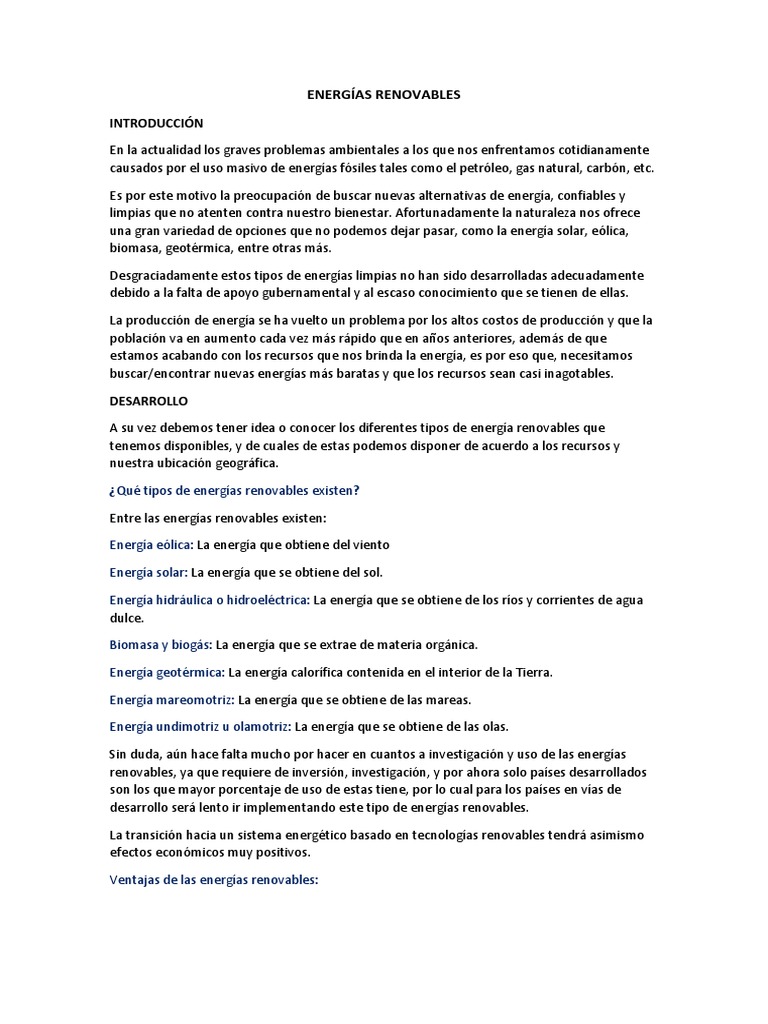 Tipos y Ventajas de Energías Renovables | PDF | Energía renovable ...
