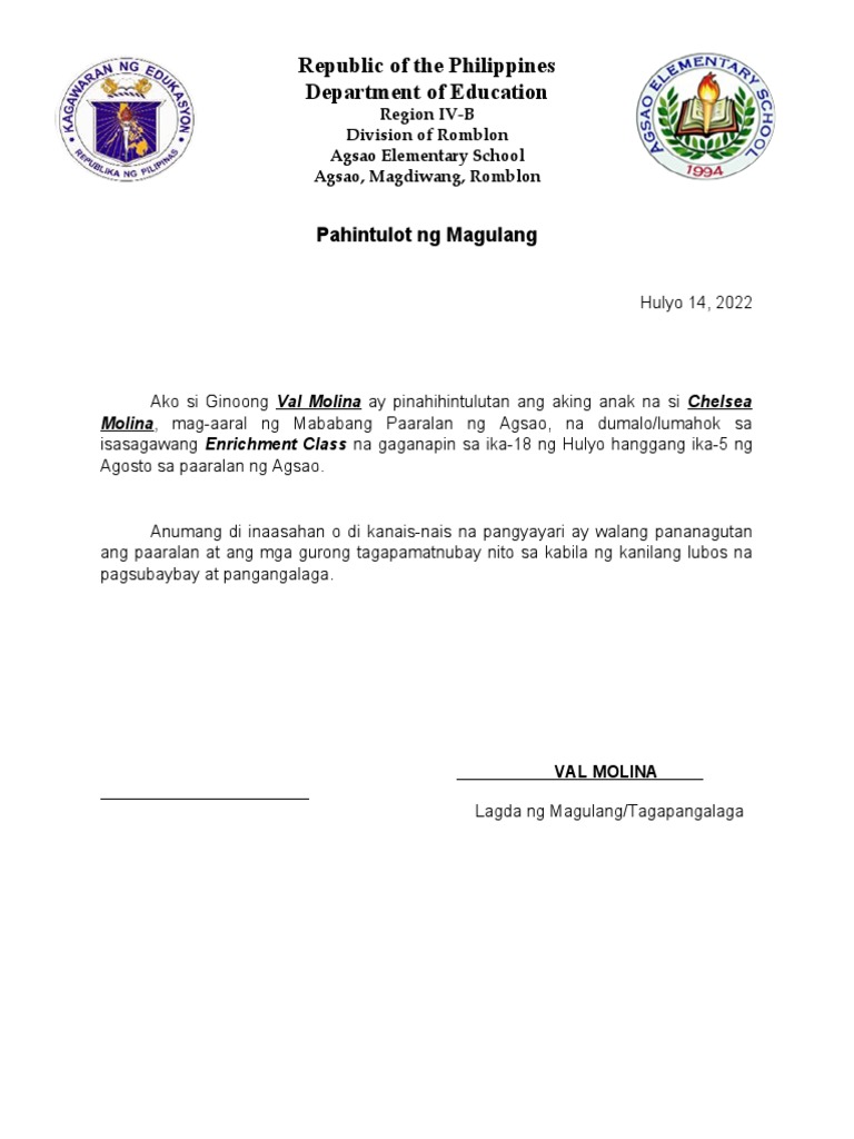 Pahintulot NG Magulang | PDF