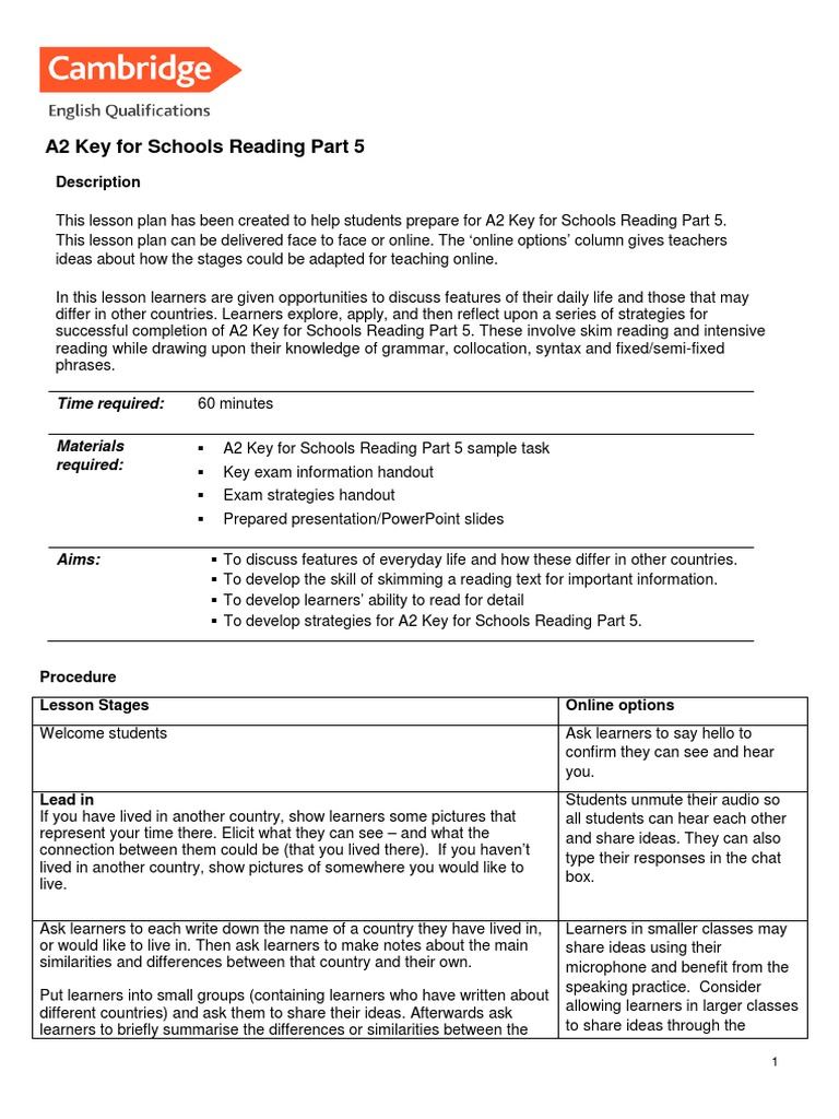 (Online Teaching) A2 Key For Schools Reading Part 5 | PDF