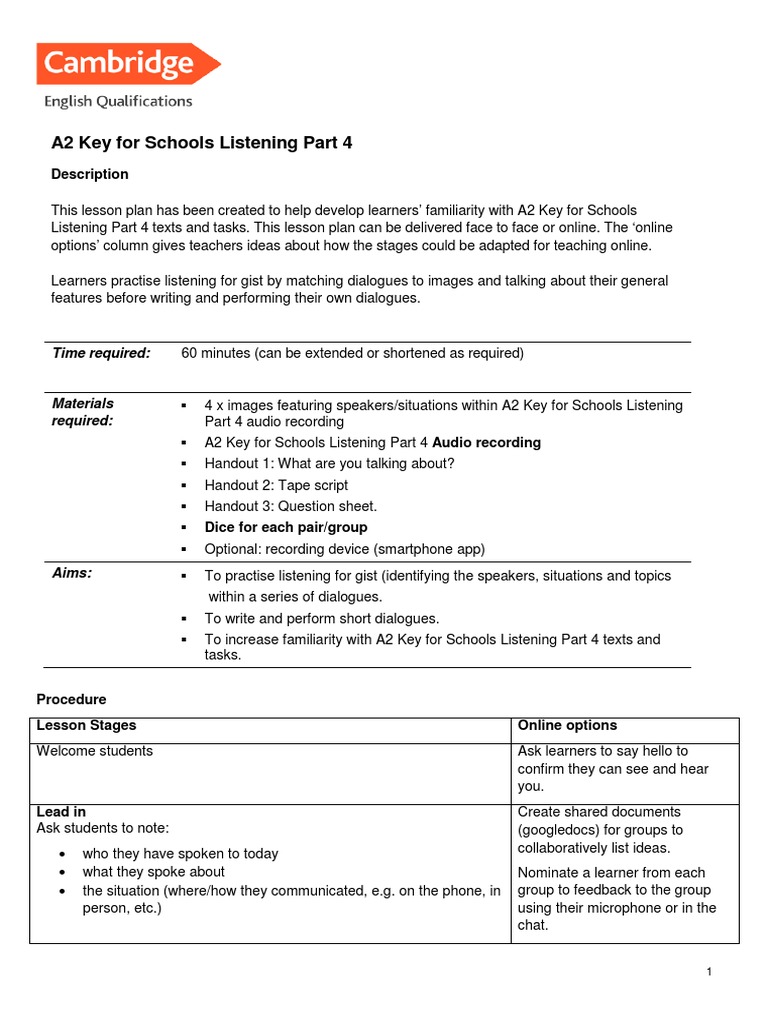 A2 Key For Schools Listening Part 4 Pdf Learning Lesson Plan