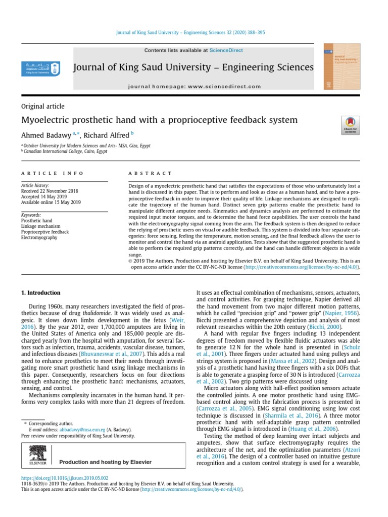 Myoelectric Prosthetic Hand With A Proprioceptive Feedback System | PDF ...
