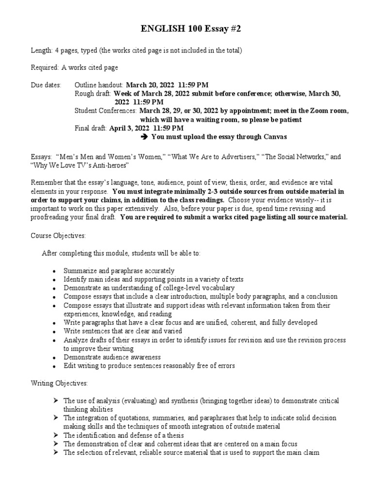 English 100 Essay 2 Prompt SP22 | PDF | Essays | Advertising