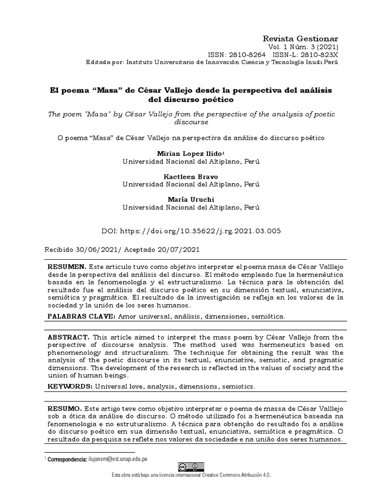 El Poema "Masa" de César Vallejo Desde La Perspectiva Del Análisis Del ...