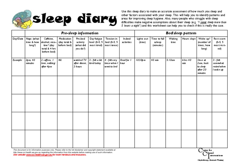 Sleep Worksheet - 01 - Sleep Diary | PDF | Sleep | Psychological Concepts