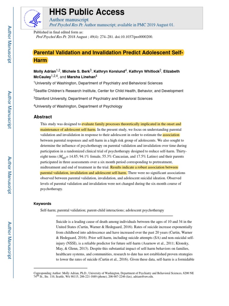 Parental Validation and Invalidation Predict Adolescent Self-Harm | PDF ...