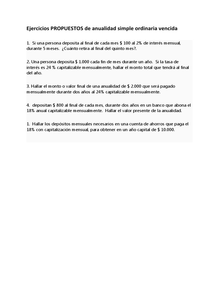 Ejercicios Anualidad Simple Ordinaria Vencida - TAREA EJERC PROPUESTOS - 2-2 | PDF | Finanzas y ...