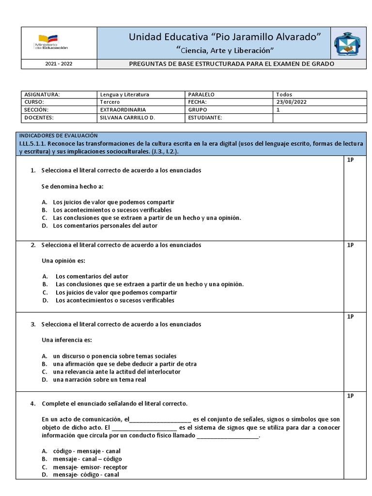 Examen de Grado Tercero Bgu Lengua y Literatura | PDF | Cognición ...