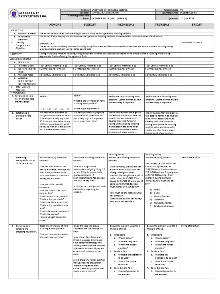 DLL Mathematics-6 Q1 W6-1 | PDF | Multiplication | Learning