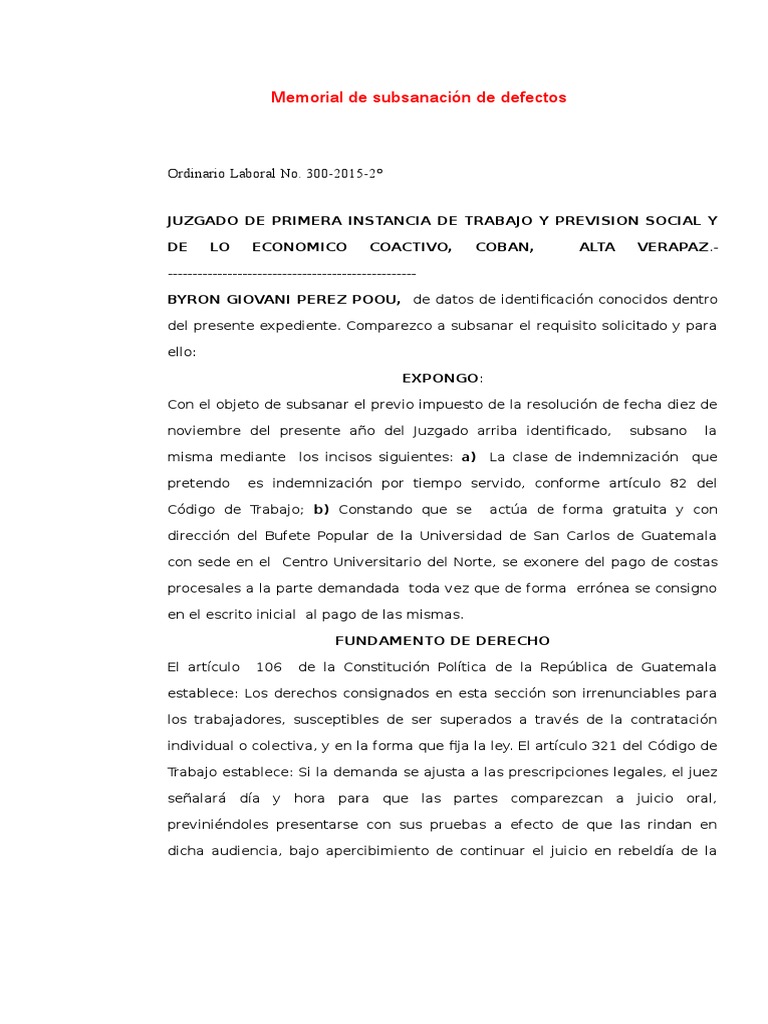 Memorial de Subsanación de Defectos | PDF | Guatemala | Demanda judicial