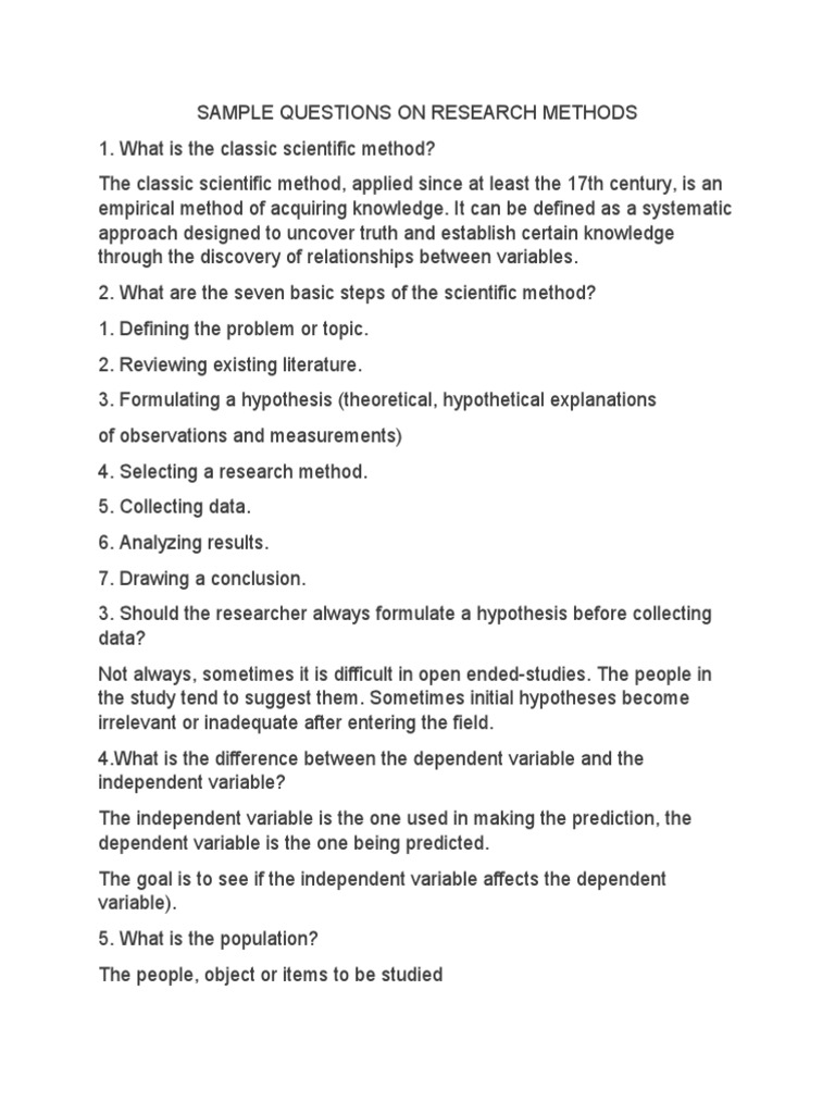 Sample Questions On Research Methods | PDF | Scientific Method | Experiment