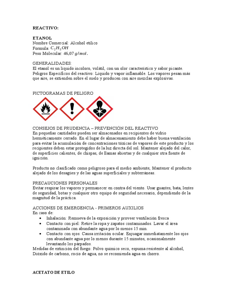 Ficha de Seguridad de Reactivos, Mas Completo | PDF | Etanol | Agua
