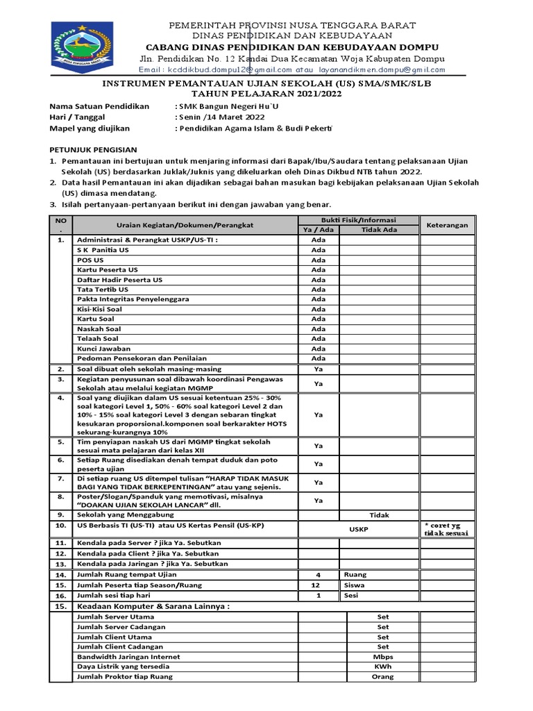 Instrumen Ujian Sekolah (Us) Tahun 2022 Senin | PDF