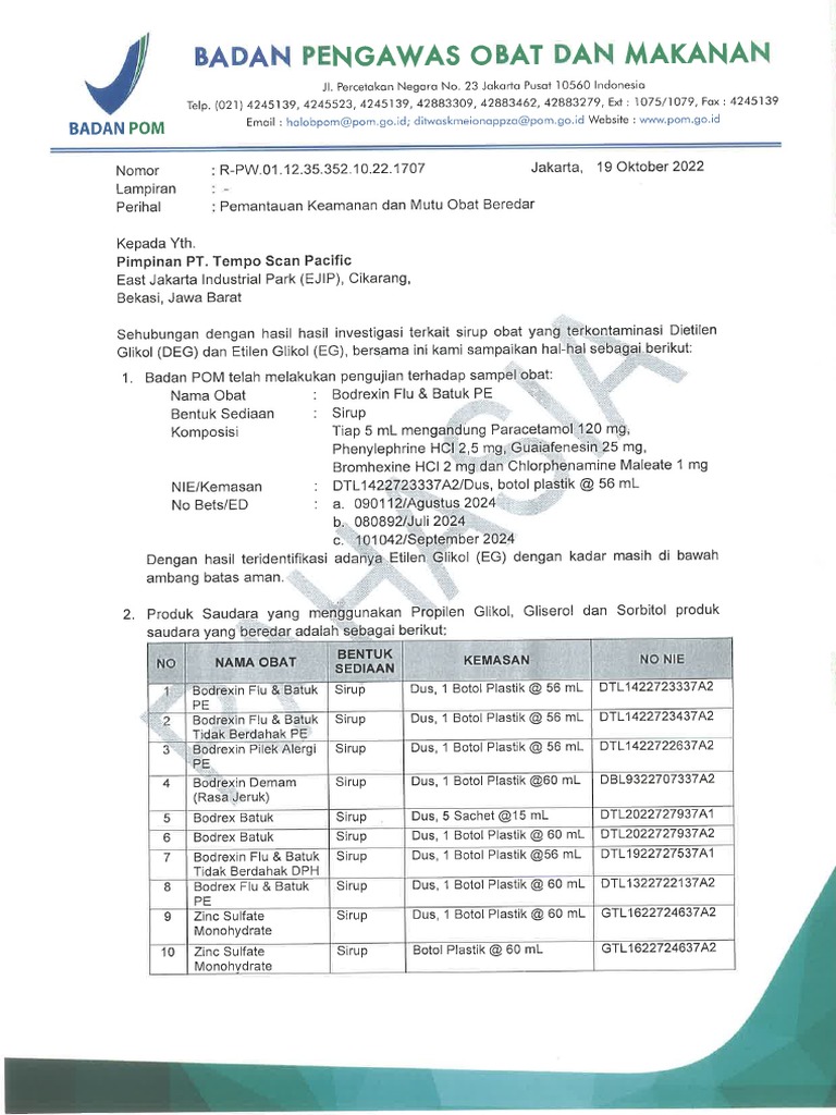 Surat BPOM Pemantauan Keamanan Dan Mutu Obat - 191022 | PDF