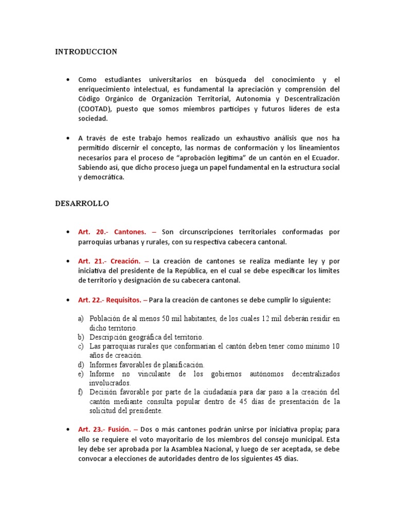 COOTAD. Art.20-23 y 53-62 | PDF | Alcalde | Gobierno