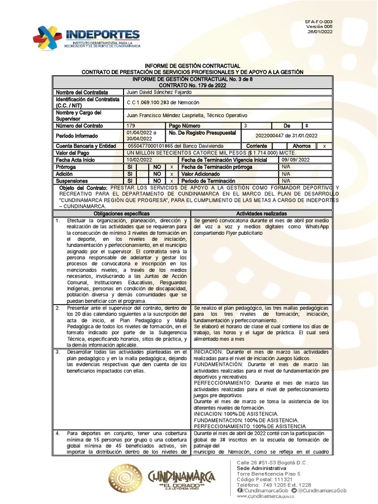Formato Informe de Gestion Contractual 2022 | PDF