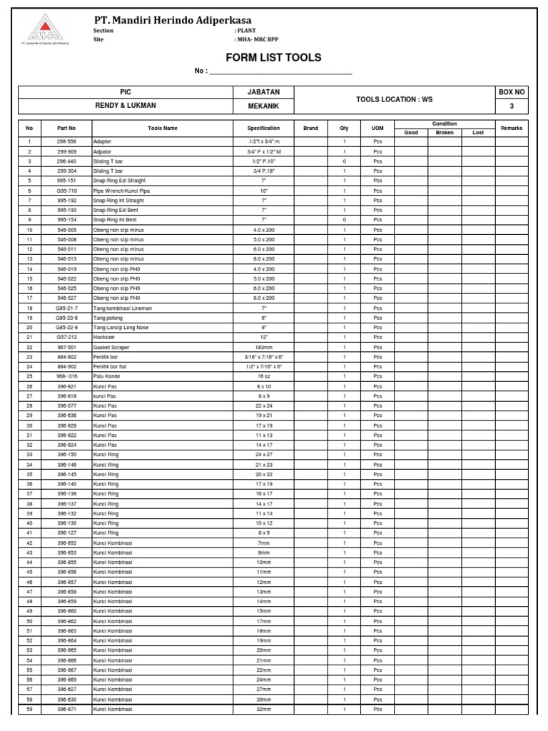 List Tool Mekanik MRC | PDF | Metalworking | Machines