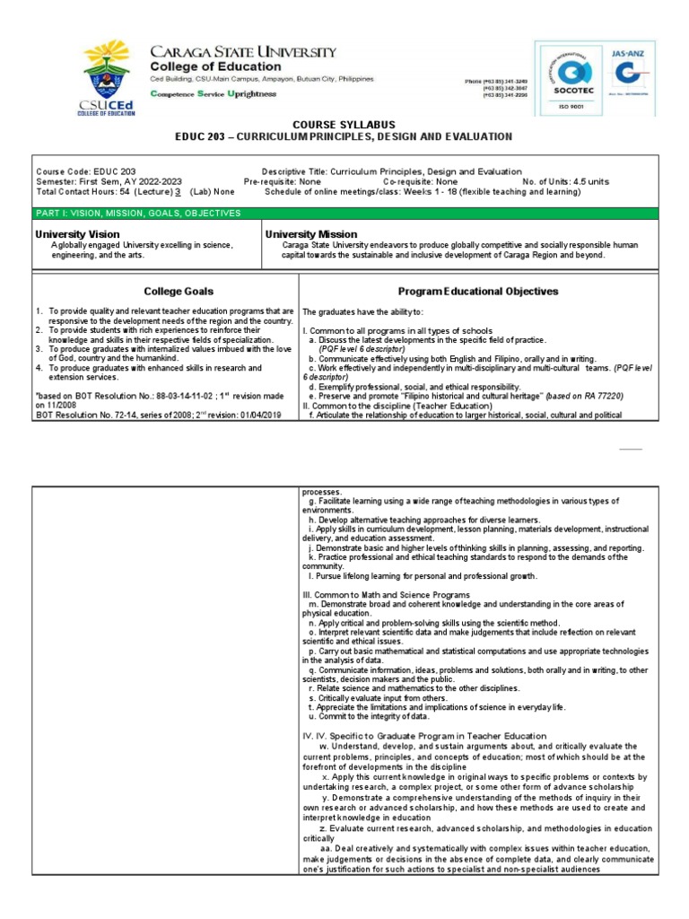 Educ 203 (Curricullum Principles, Design Adn Evaluation) | PDF | Curriculum | Teaching Method