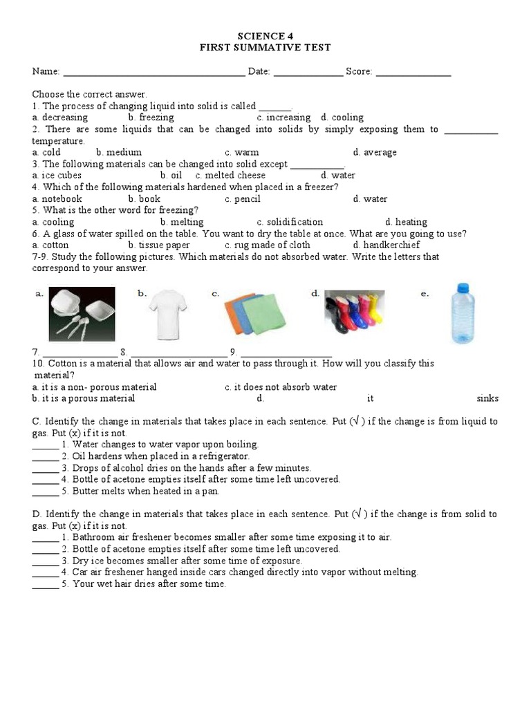 Grade 4 Science Q1 Summative Test | PDF | Water | Freezing