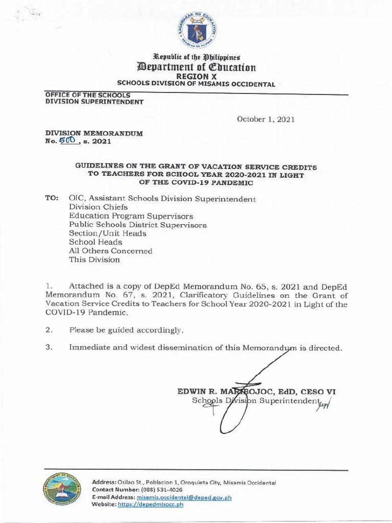 DepED Mis Occ - DM.-500-S.-2021-GUIDELINES-ON-THE-GRANT-OF-VACATION ...