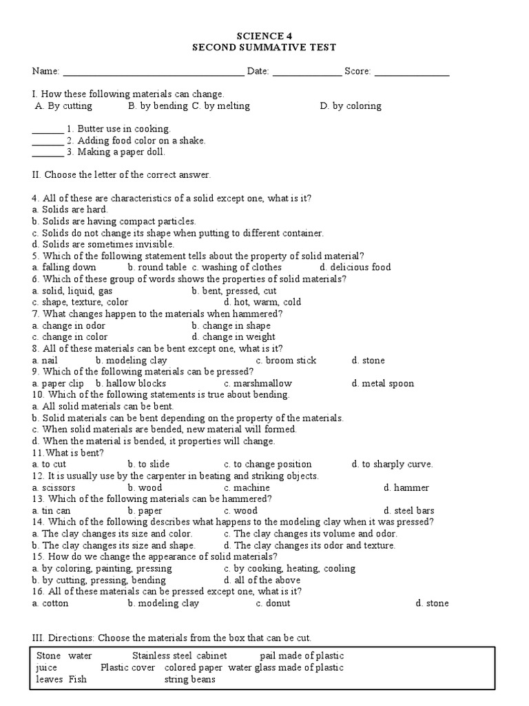 2ND Summative Test Science 4 Q1 | PDF | Solid | Chemistry