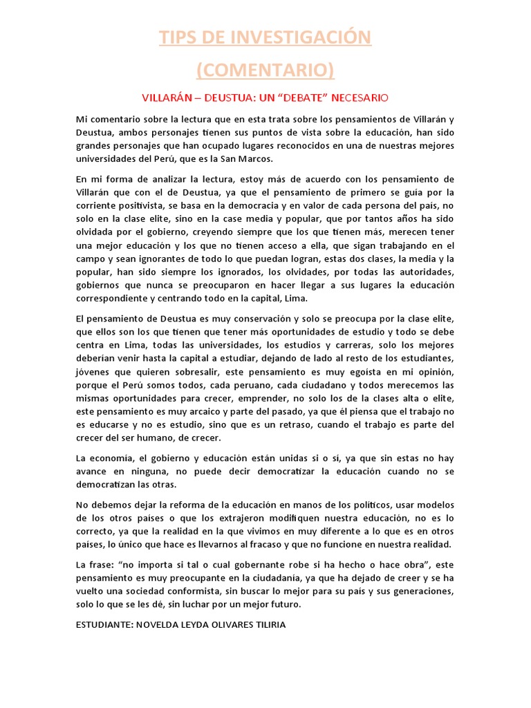 Debate Educativo: Villarán vs Deustua | PDF | Perú | Democracia