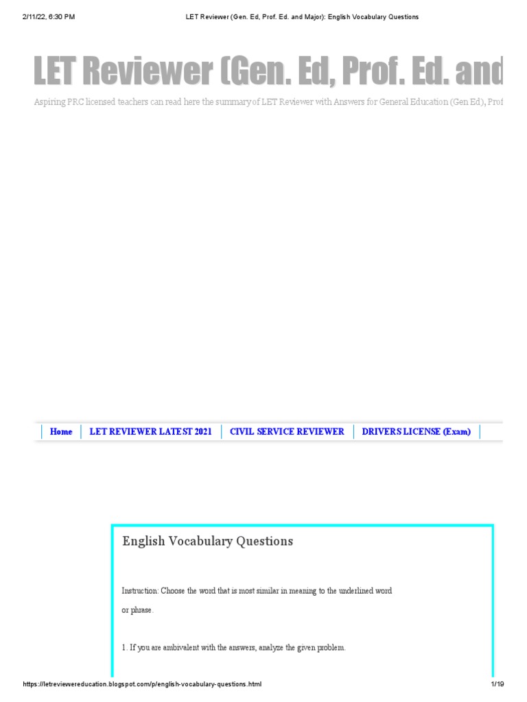 LET Reviewer (Gen. Ed, Prof. Ed. and Major) - English Vocabulary ...