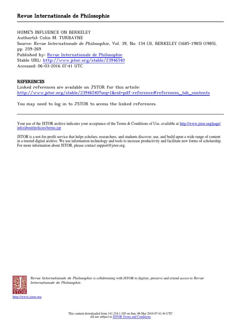 Colin M. Turbayne - Hume's Influence On Berkeley | PDF | David Hume | Idea