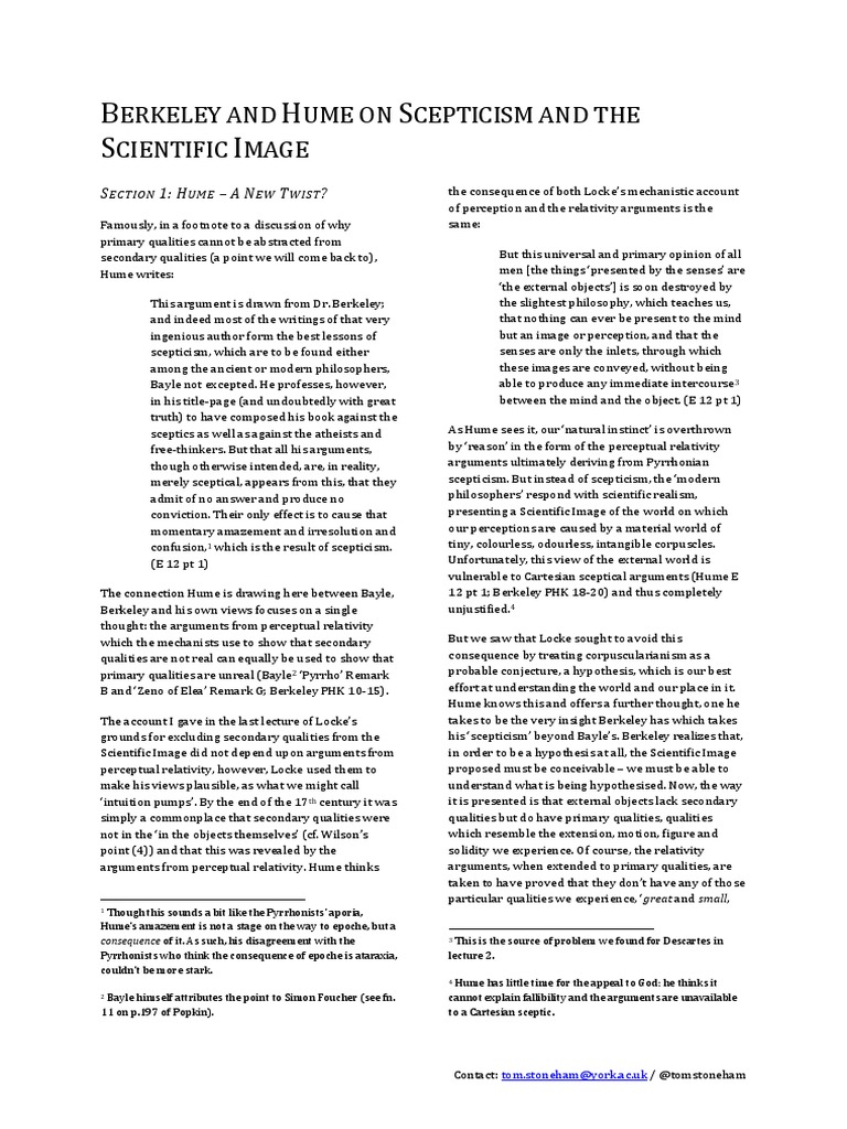 Tom Stoneham - Berkeley An Hume, On Scepticism and The Scientific Image | PDF | Skepticism | Idea