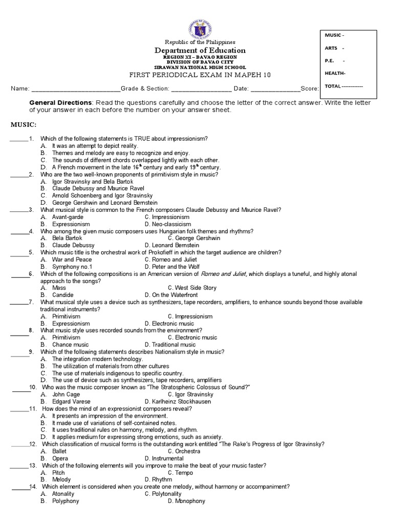 MAPEH 10 First Quarter Exam Guide | PDF | Acupressure | Acupuncture