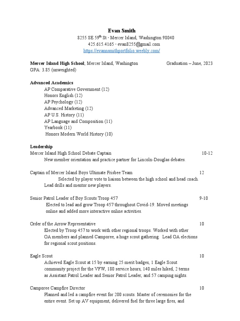 Evan Smith Resume 2023 | PDF | Boy Scouts Of America | Scouting