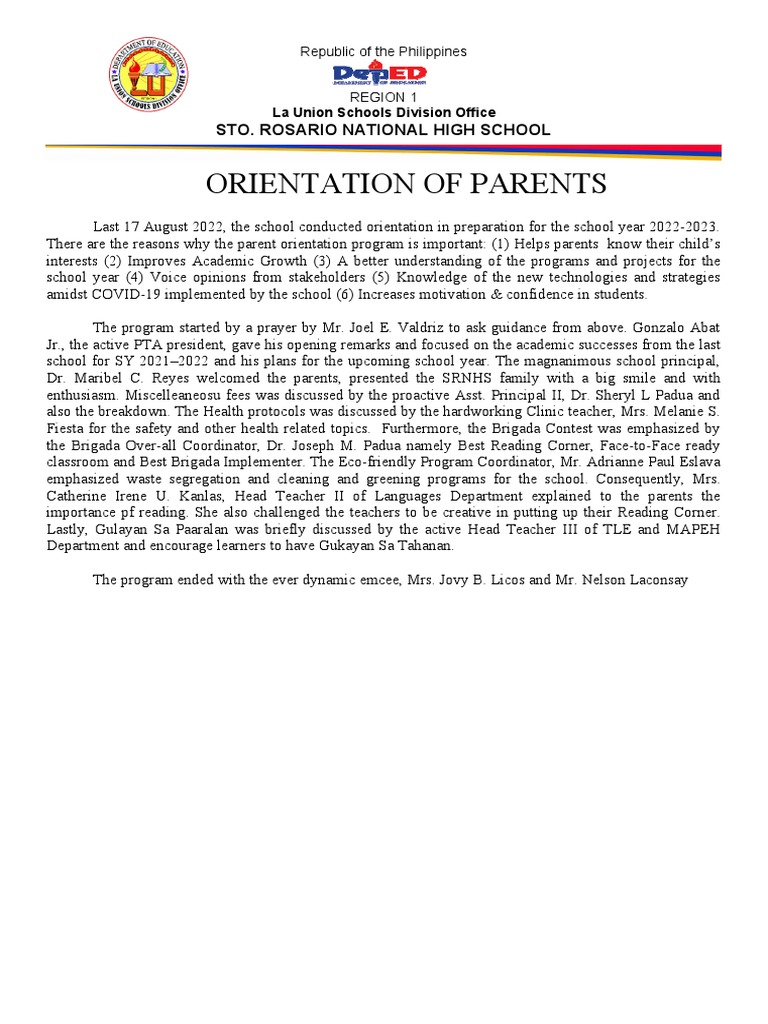 Brigada Eskwela Narrative Parent Orientation | PDF | Behavior Modification | Learning