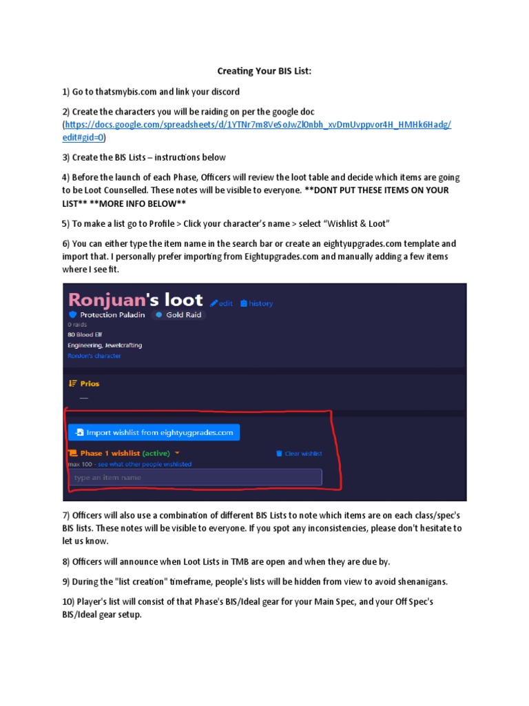 Creating Your BIS List | PDF