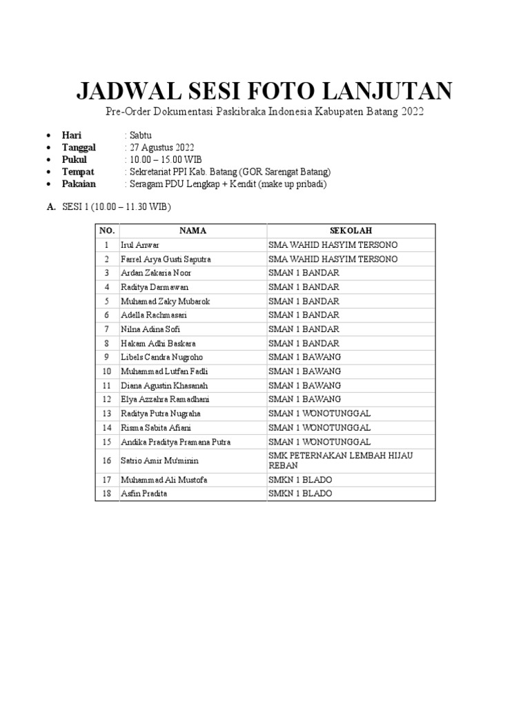 Jadwal Sesi Foto Lanjutan | PDF