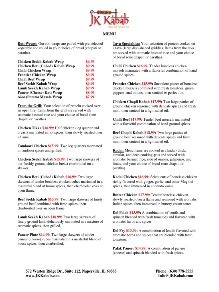 JK Kabab Menu (Naperville) | PDF | Kebab | Indian Cuisine
