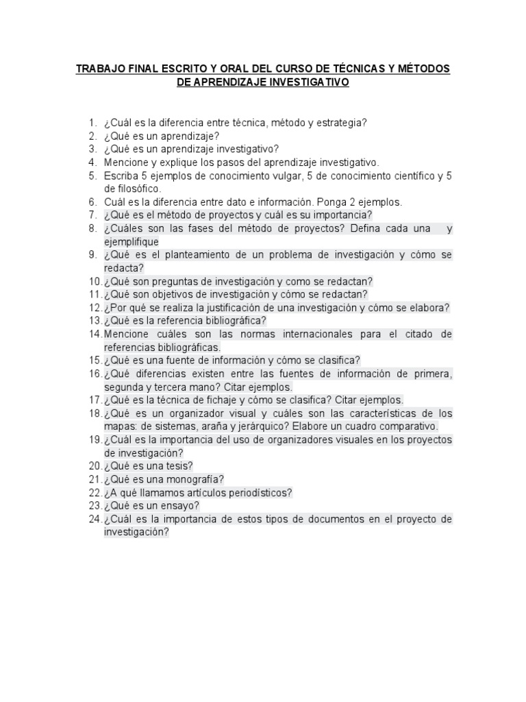 Trabajo Final de Tecnicas y Metodos de Aprendizaje Investigativo | PDF