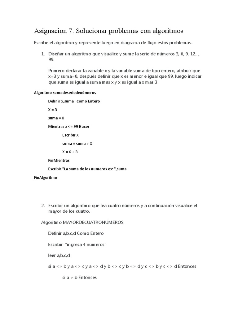Asignacion 7. Solucionar Problemas Con Algoritmos | PDF | Algoritmos | Programación de computadoras