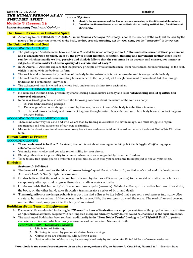 Module 3lesson 1 Handout | PDF | Soul | Four Noble Truths