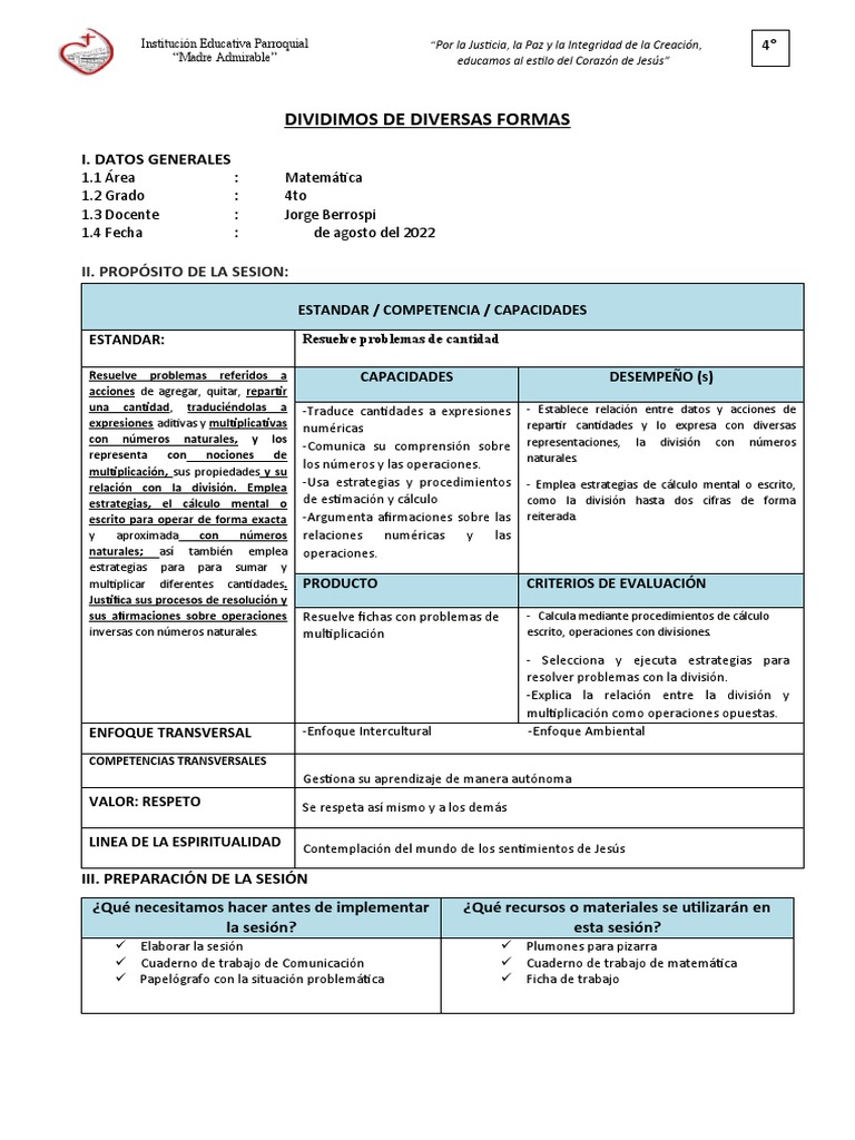 4° Sesión - Dividimos de Diversas Formas - Matemática | PDF | División ...
