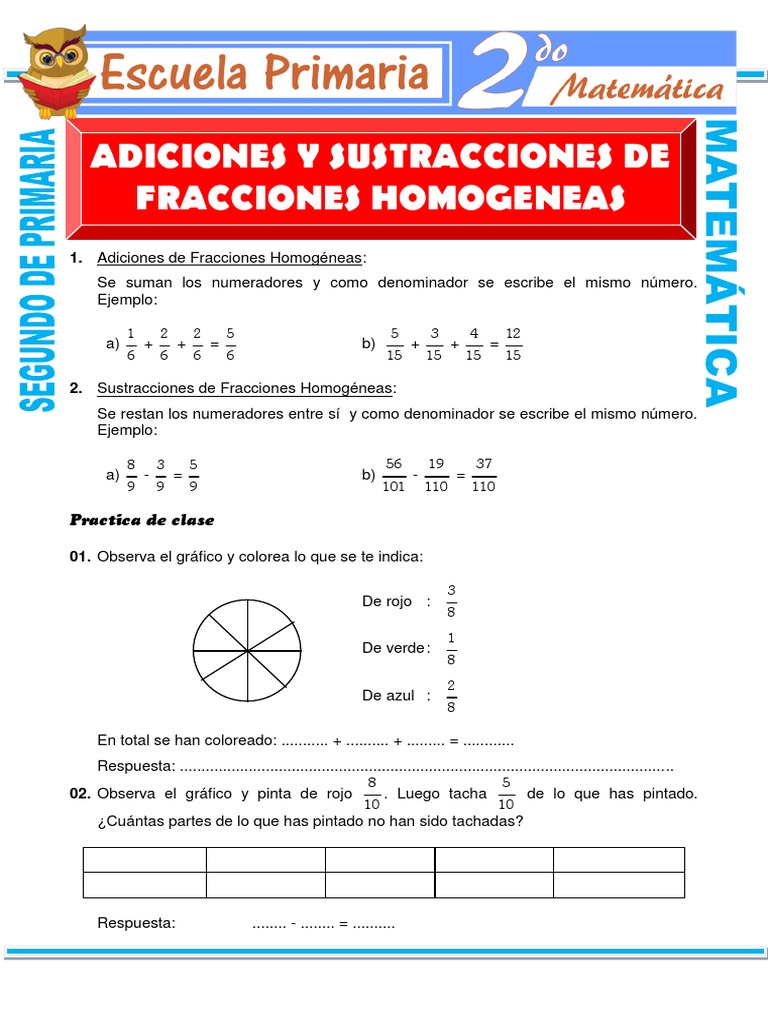 Suma y Resta de Fracciones Homogeneas para Segundo de Primaria | PDF ...